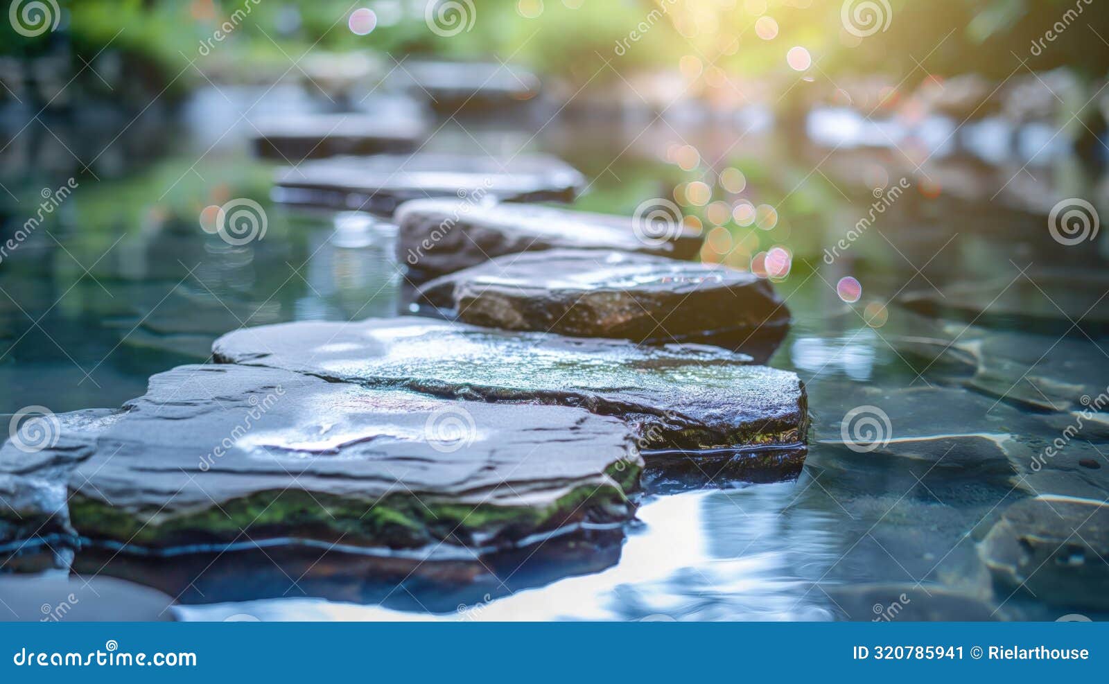 High Contrast Realism Tranquil Layered Pond with Rock Structure Stock ...