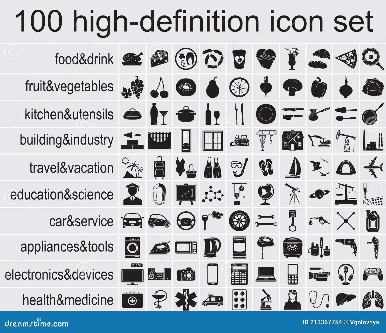 100 High-definition Icon Set Stock Vector - Illustration of graphic ...