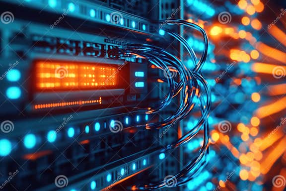 Close-up of Computer Server, Racks, Cables, and Lights Stock Photo ...