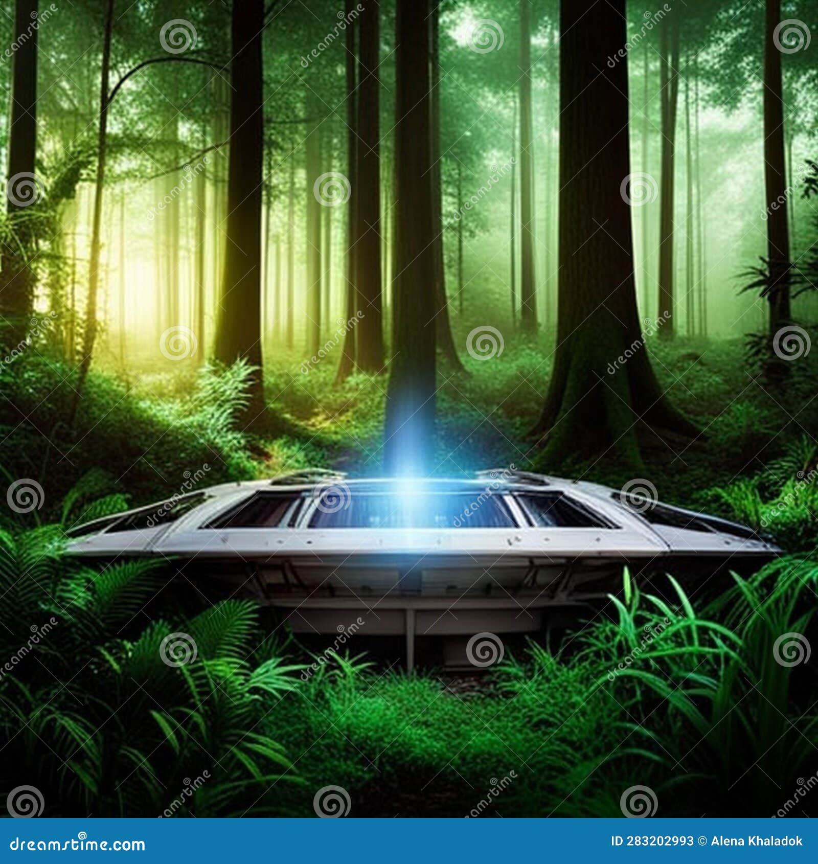 Crashed Spaceship in a Dense Forest, Surrounded by Tall Trees and ...