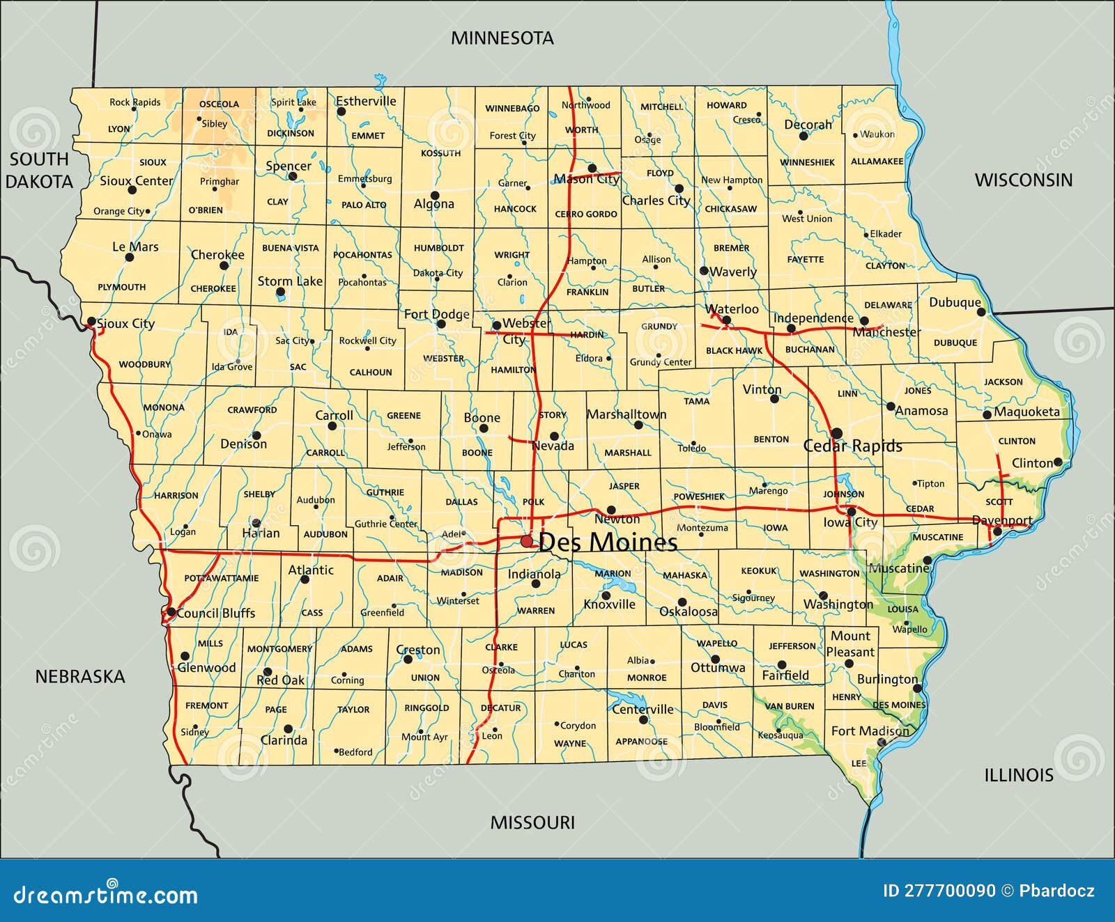 Detailed Iowa Physical Map with Labeling. Stock Vector - Illustration ...