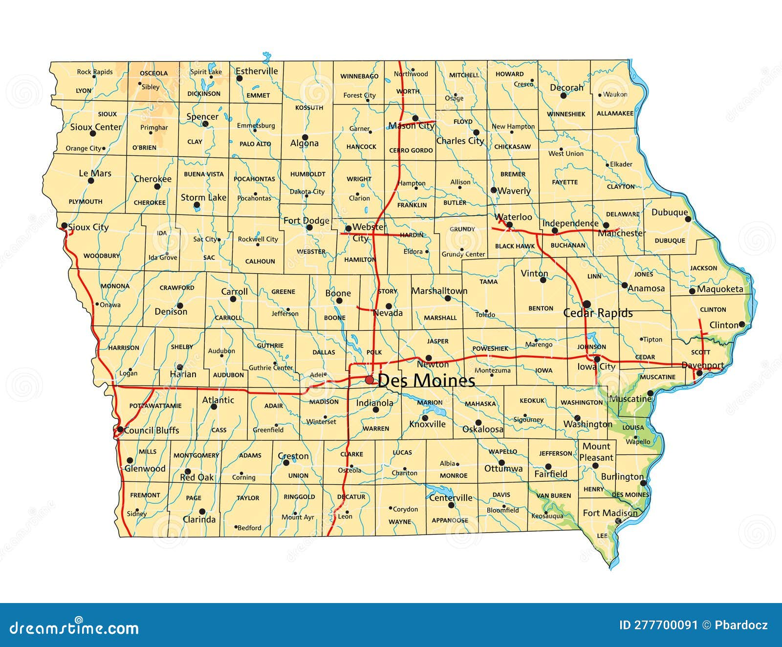Detailed Iowa Physical Map with Labeling. Stock Vector - Illustration ...