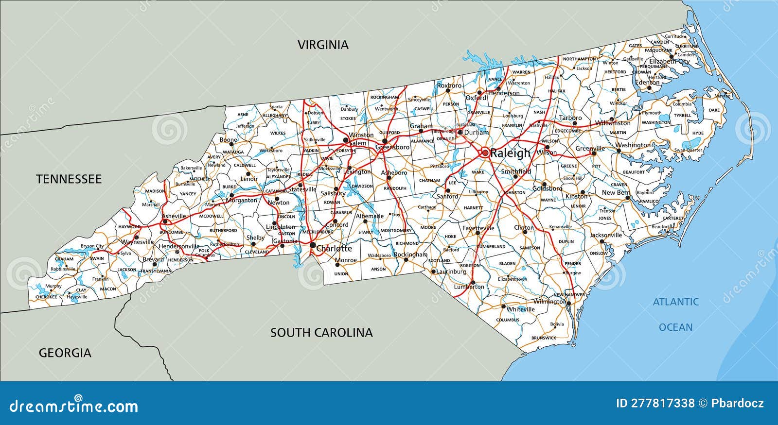 Detailed North Carolina Road Map with Labeling. Stock Vector ...