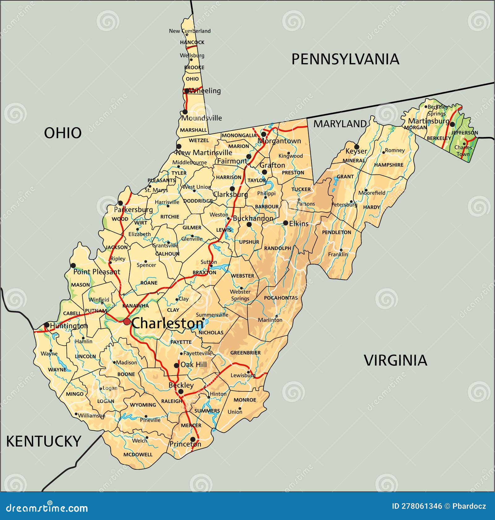 Detailed West Virginia Physical Map with Labeling. Stock Illustration ... Detailed West Virginia Physical Map with Labeling. Stock Illustration ...