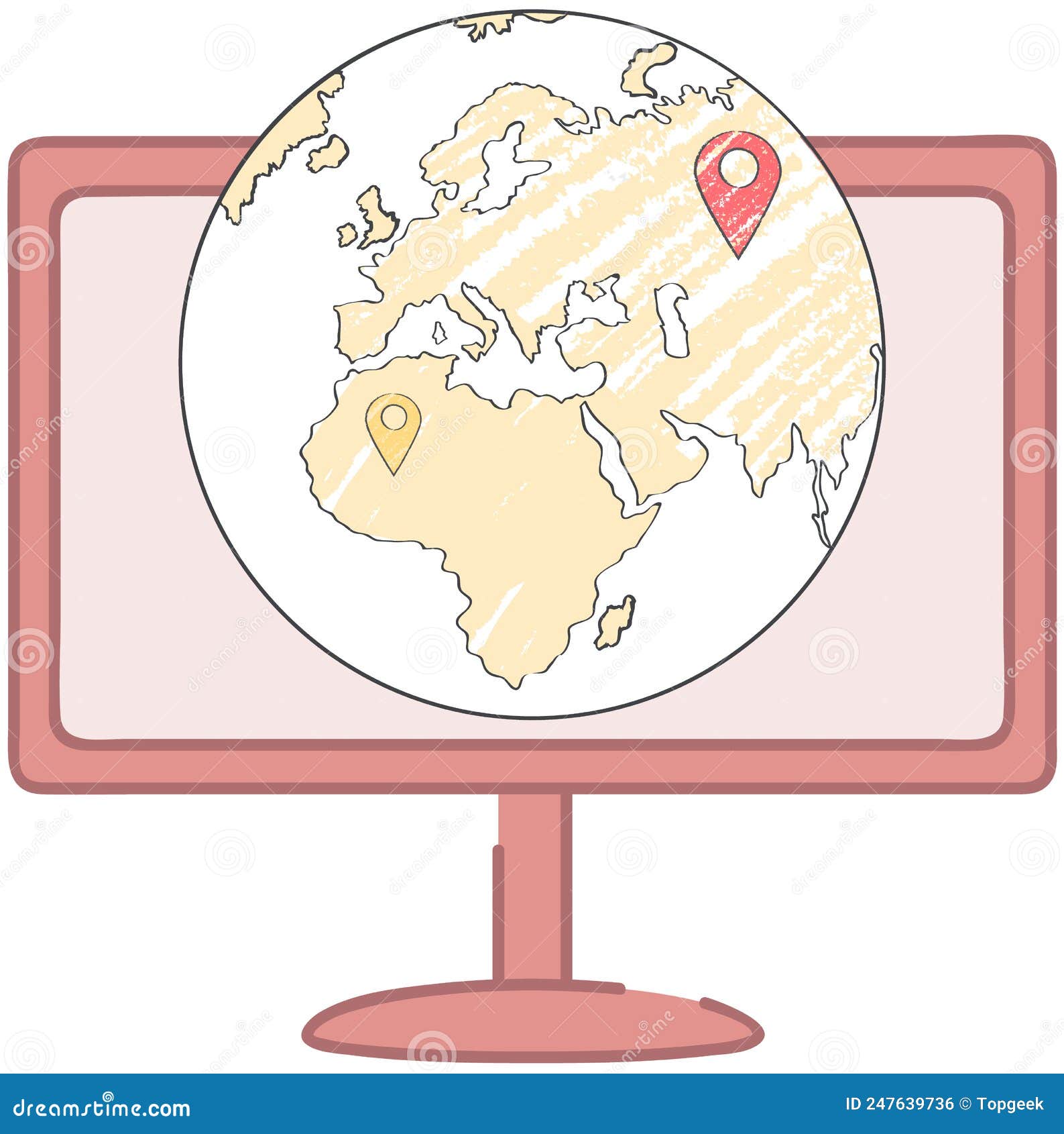 Map of Earth with Marks, Scheme of World on Monitor. Diagram of Planet ...