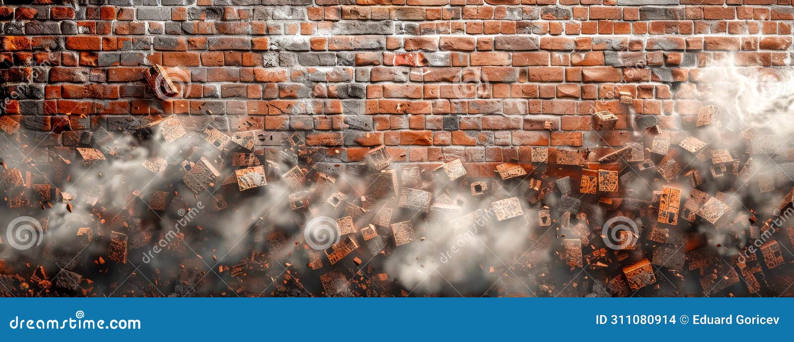 Exploding Brick Wall with Flying Debris and Dust Stock Photo - Image of ...