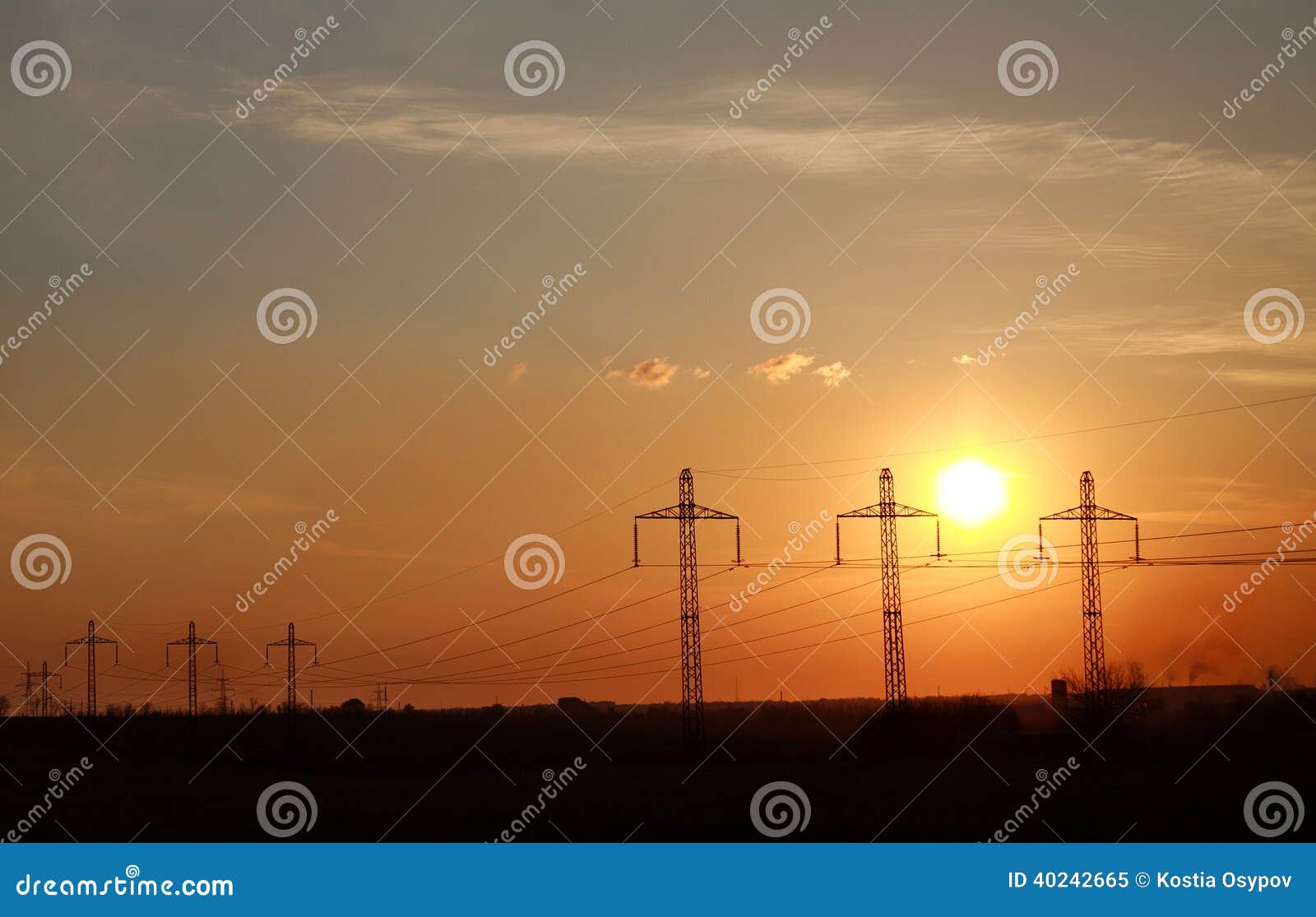 High Electricity Power Line Towers at Dramatic Sunset Stock Image ...