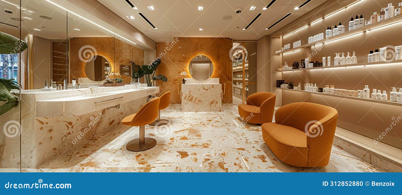 High-end Beauty Salon with Marble Counters and Plush Seating Stock ...