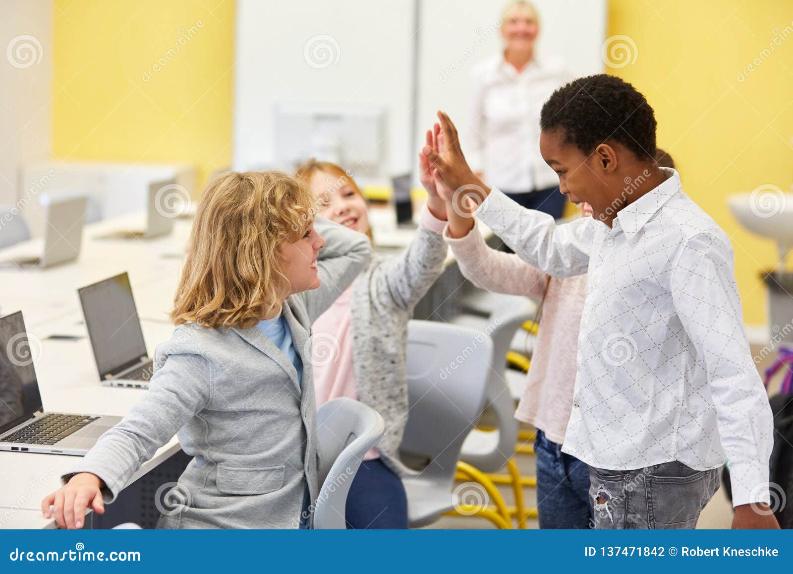 High Five in Computer Lessons Stock Photo - Image of digital, group ...