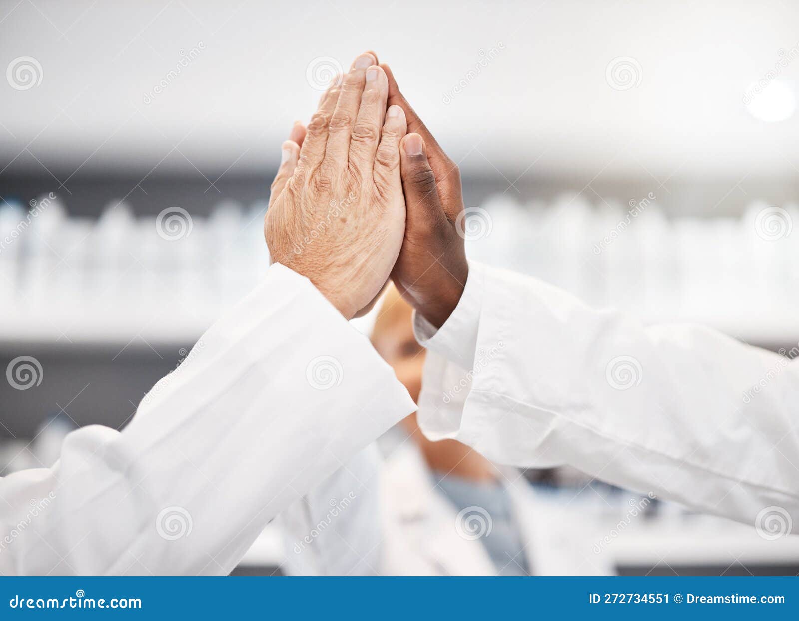 High Five Hands, Scientist and Group in Lab for Results, Success or ...