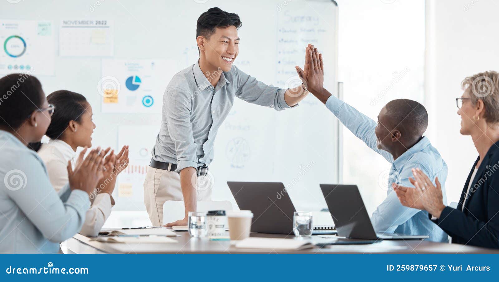 High Five, Motivation and Success with a Team in a Meeting for Planning ...