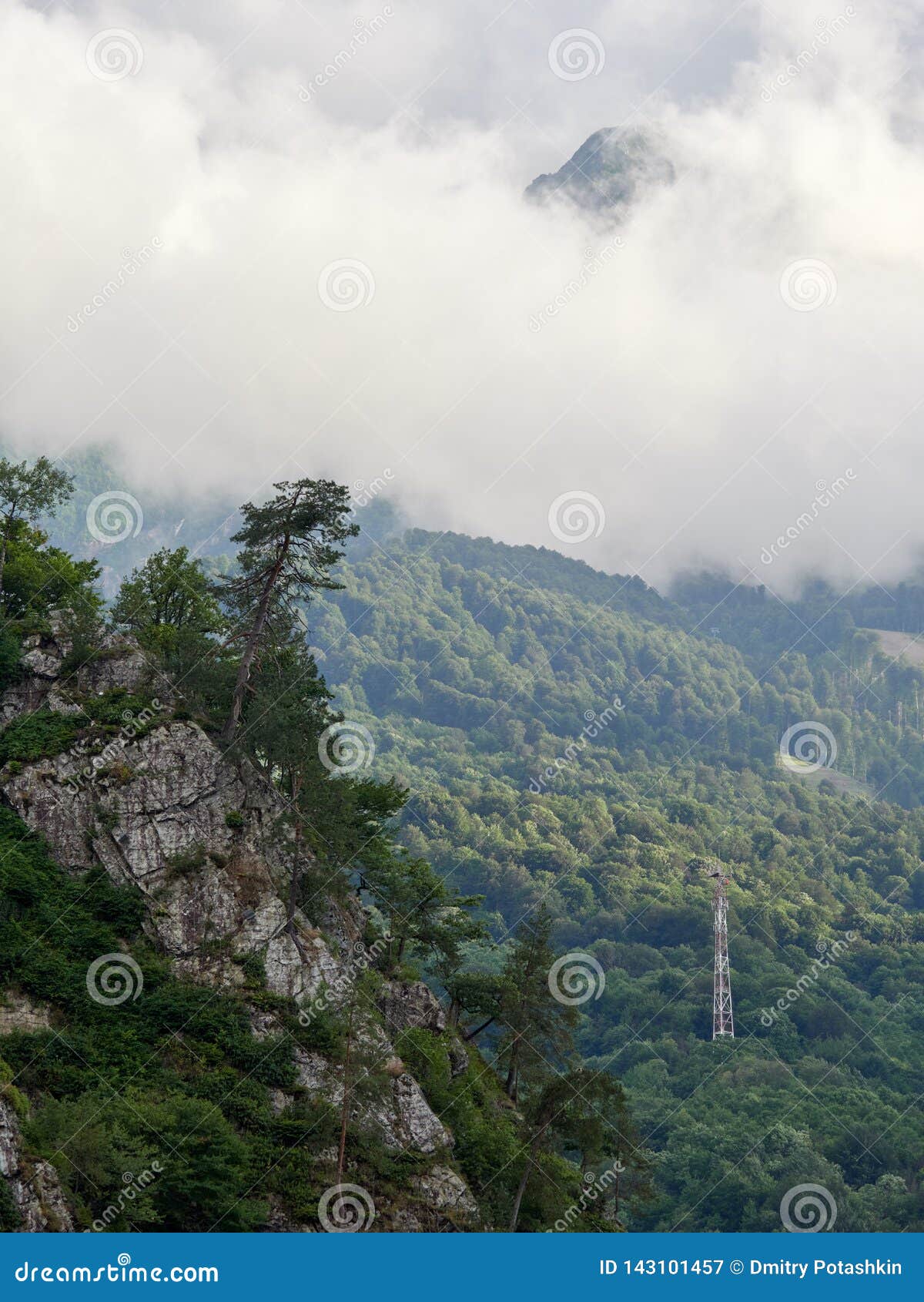 High Green Mountains with Peaks in Thick Clouds Stock Image - Image of ...
