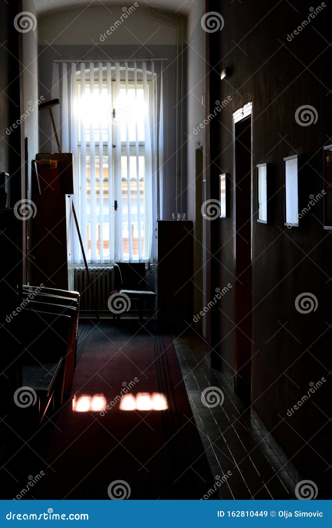 High hallway with window stock image. Image of door - 162810449