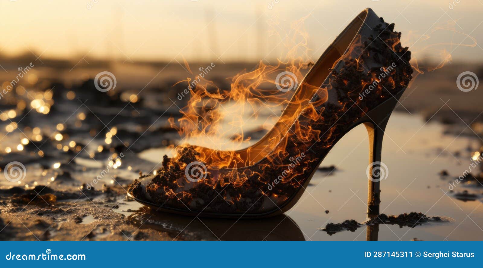 A High Heeled Shoe is on Fire in the Sand. Generative AI Image. Stock ...