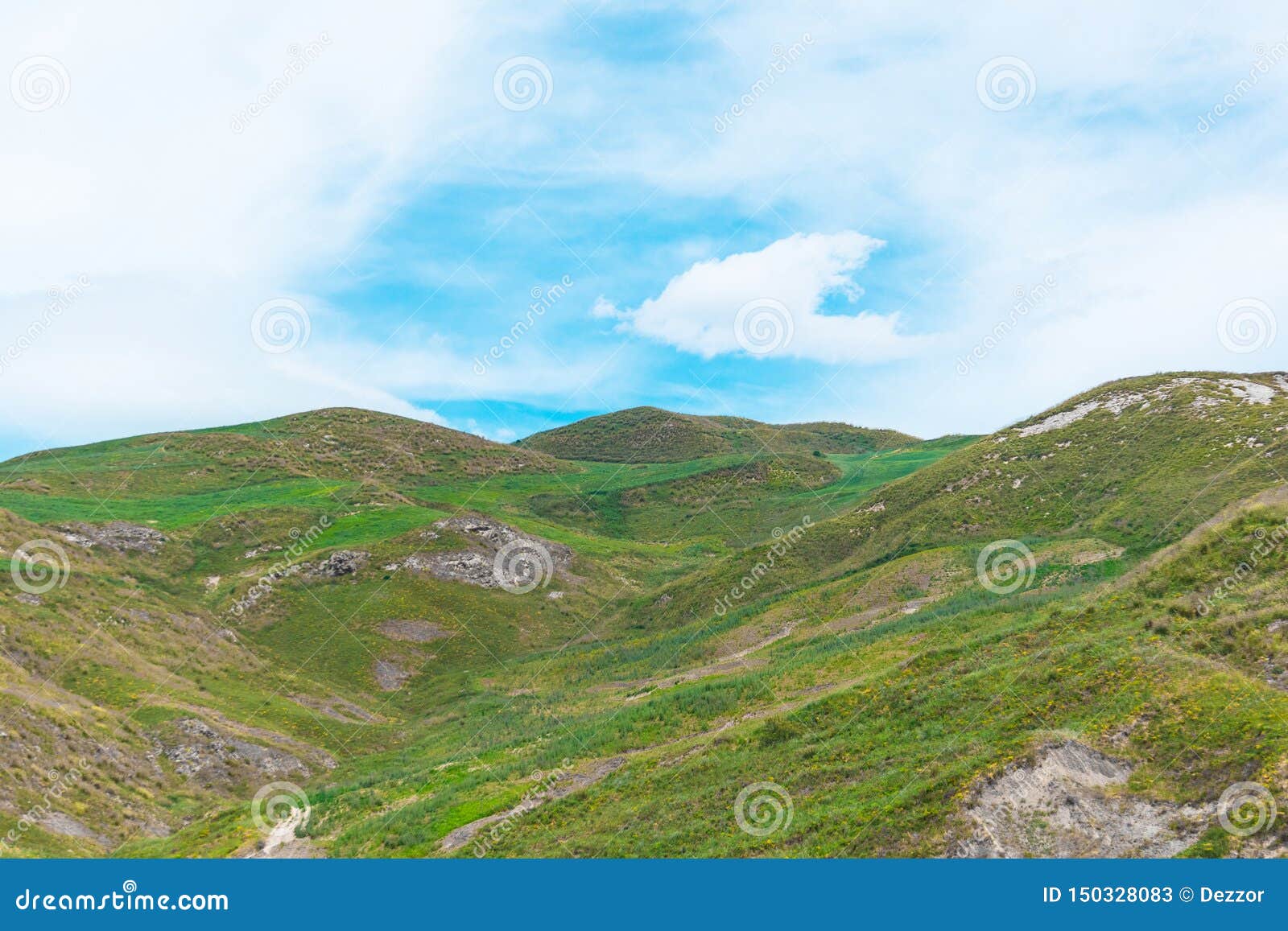 High Hills with Green Grass Blue Sky with Clouds Stock Image - Image of ...