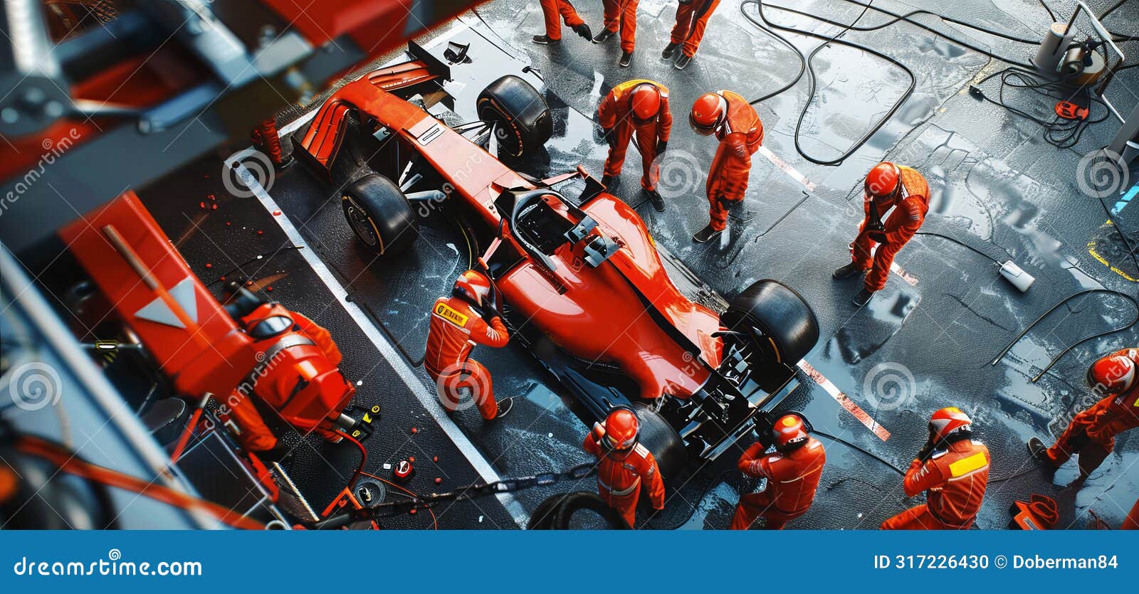 High-Intensity Pit Stop Scene with Team Mechanics Servicing a Formula ...