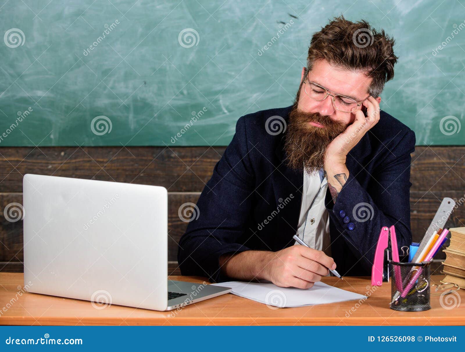 High Level Fatigue. Life of Teacher Exhausting. Fall Asleep at Work ...