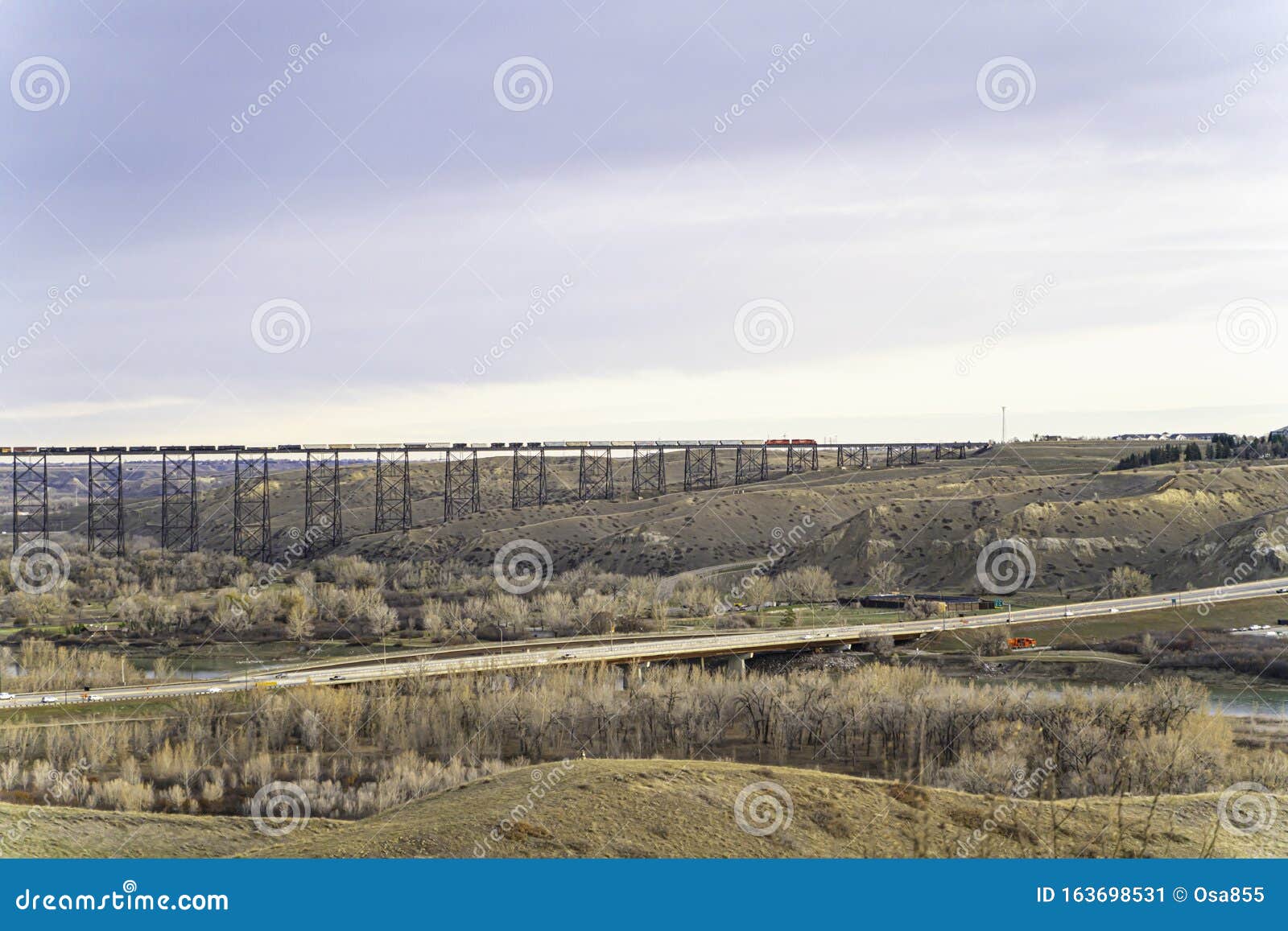 High Level Railway Bridge in Lethbridge with a Train on Top Stock Image ...