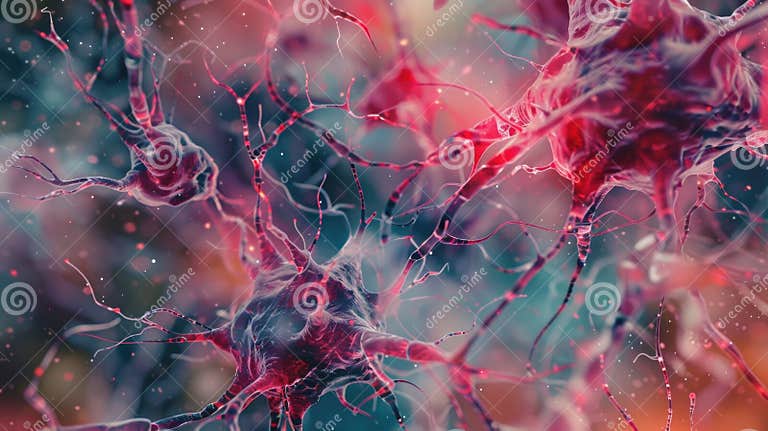High-magnification Image of a Cluster of Red Neurons Stock Illustration ...