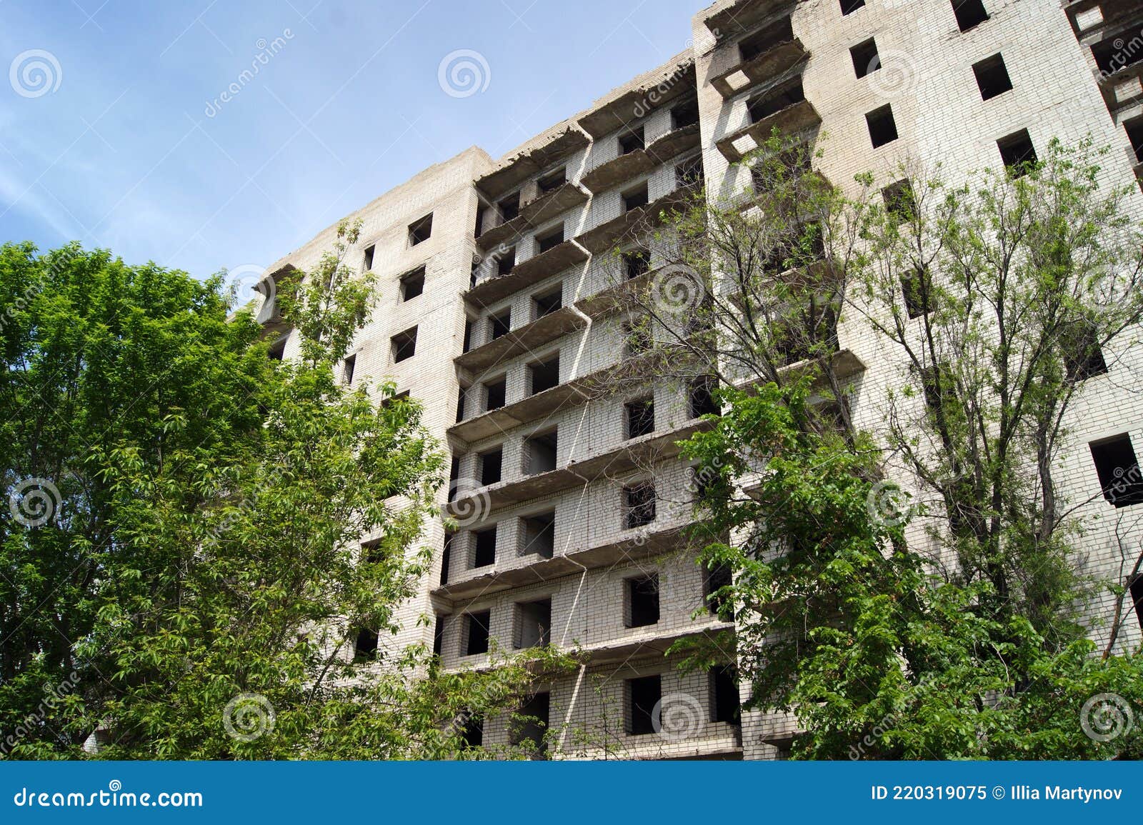 High Multistorey Abandoned Soviet Building Facade with Crashed ...