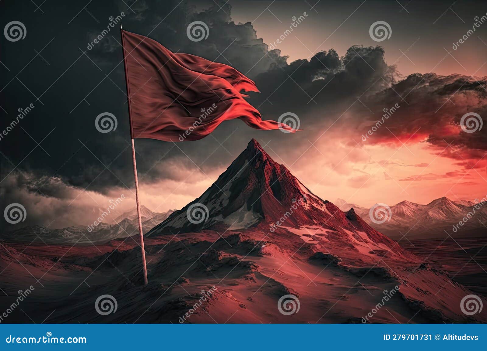 High Peak with Red Flag Against Dramatic Sunset Sky Stock Illustration ...