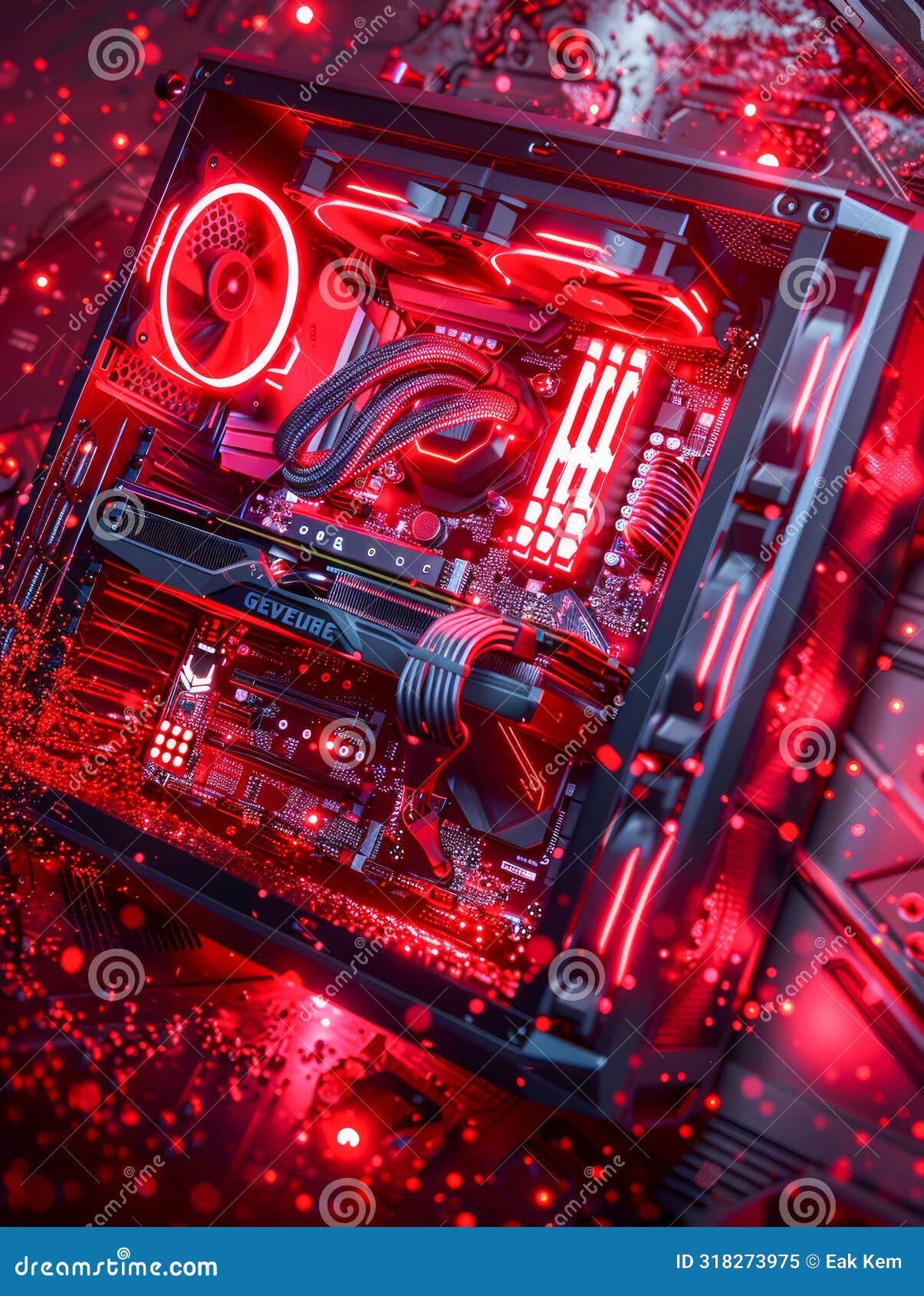 High Performance Gaming PC Setup with Red LED Lighting, Open Side Panel ...