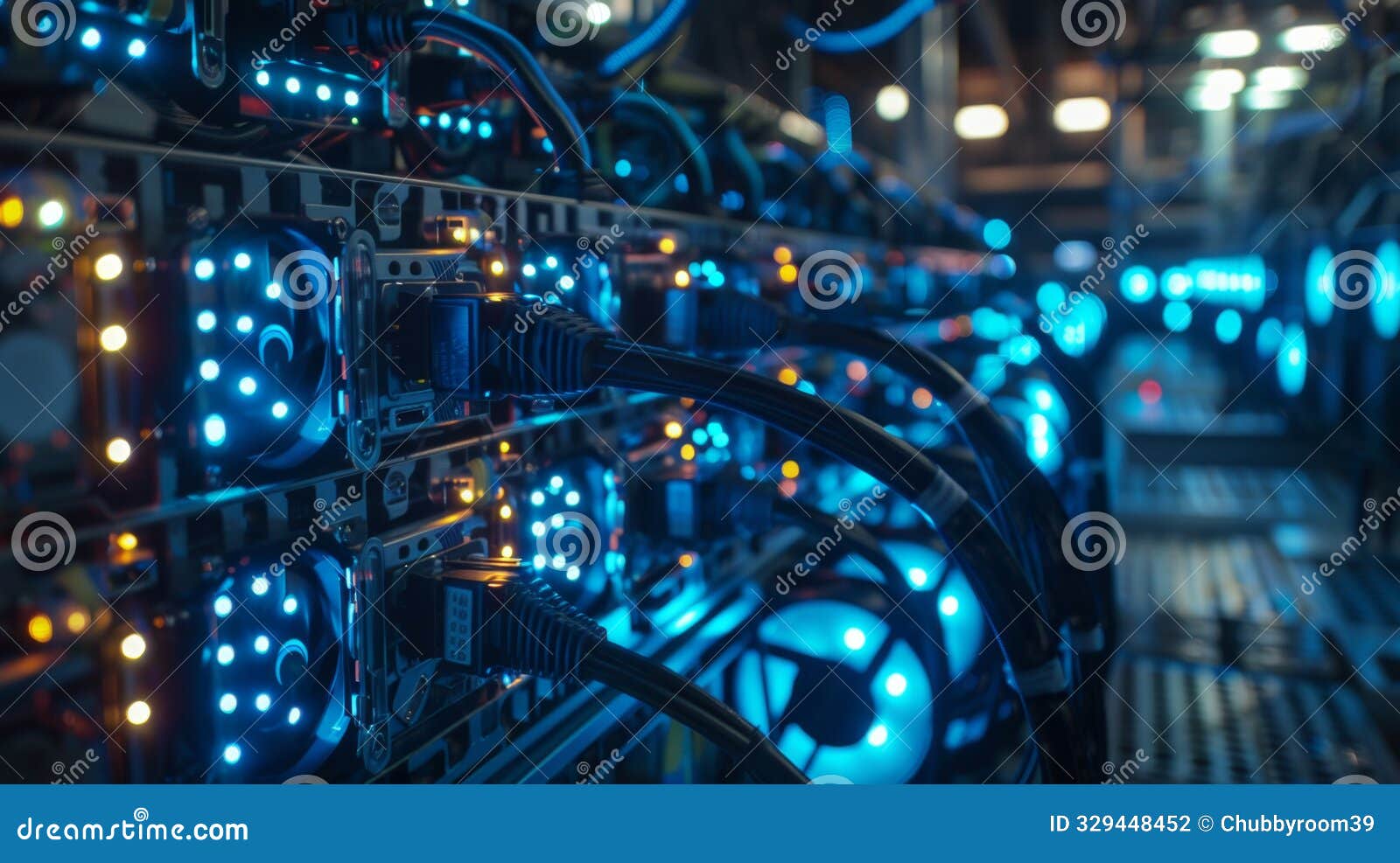 High-performance GPUs Connected By Cables In A Glowing Blue-lit Mining ...