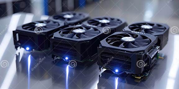 High-performance Graphics Cards Arranged on a Metallic Surface in a ... High-performance Graphics Cards Arranged on a Metallic Surface in a ...