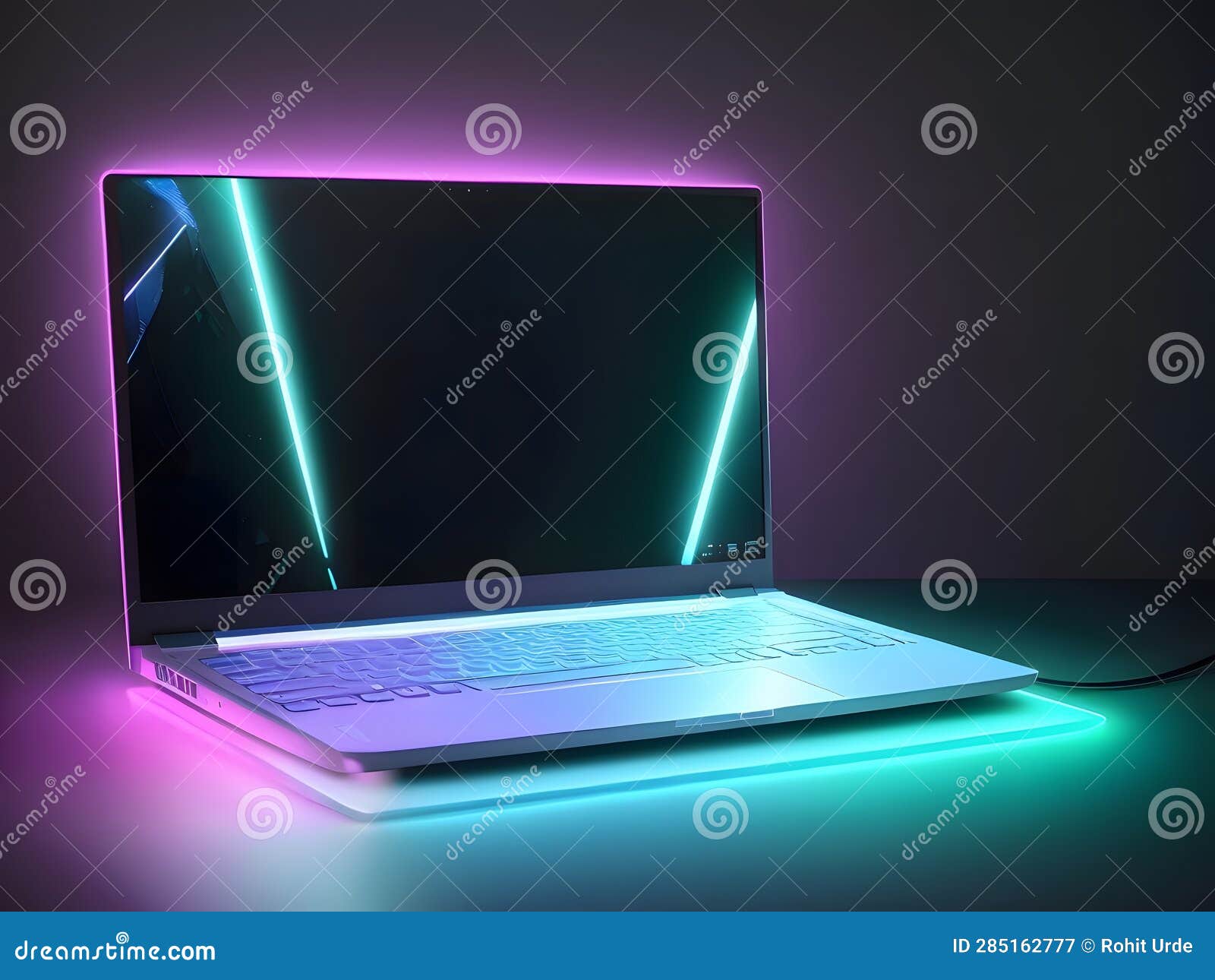 Laptop Pc on Neon Lights Cooling Pad with Display on and Wire Connected ...