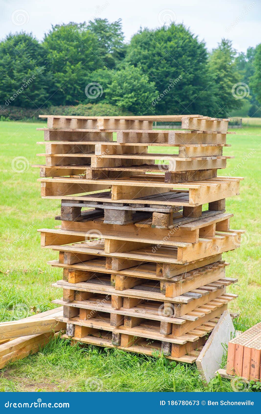 High Pile of Wooden Pallets in Meadow Stock Image - Image of building ...