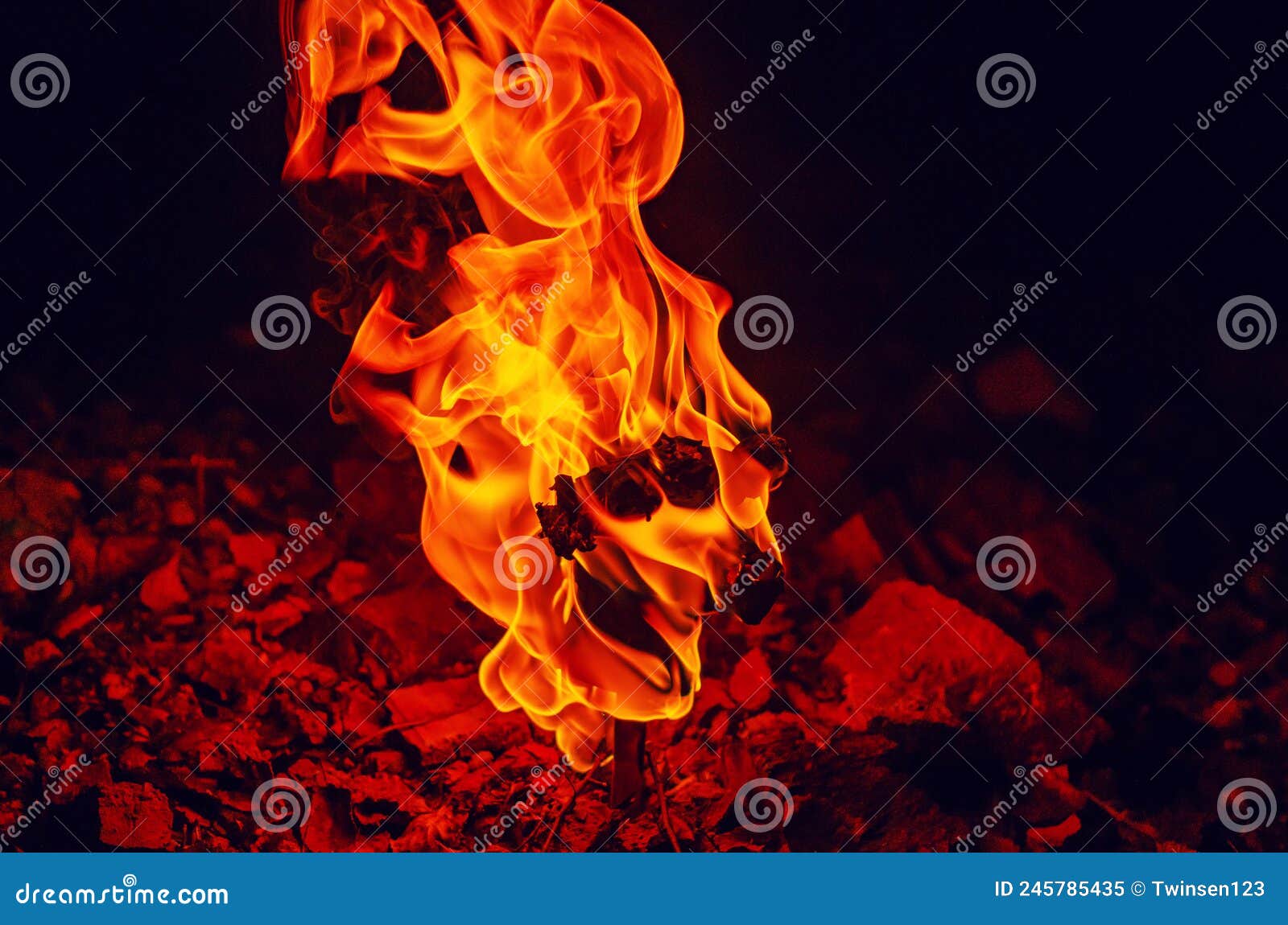 High Pillar of Fire Coming Out of the Stone. Red Fire Burning Flame ...