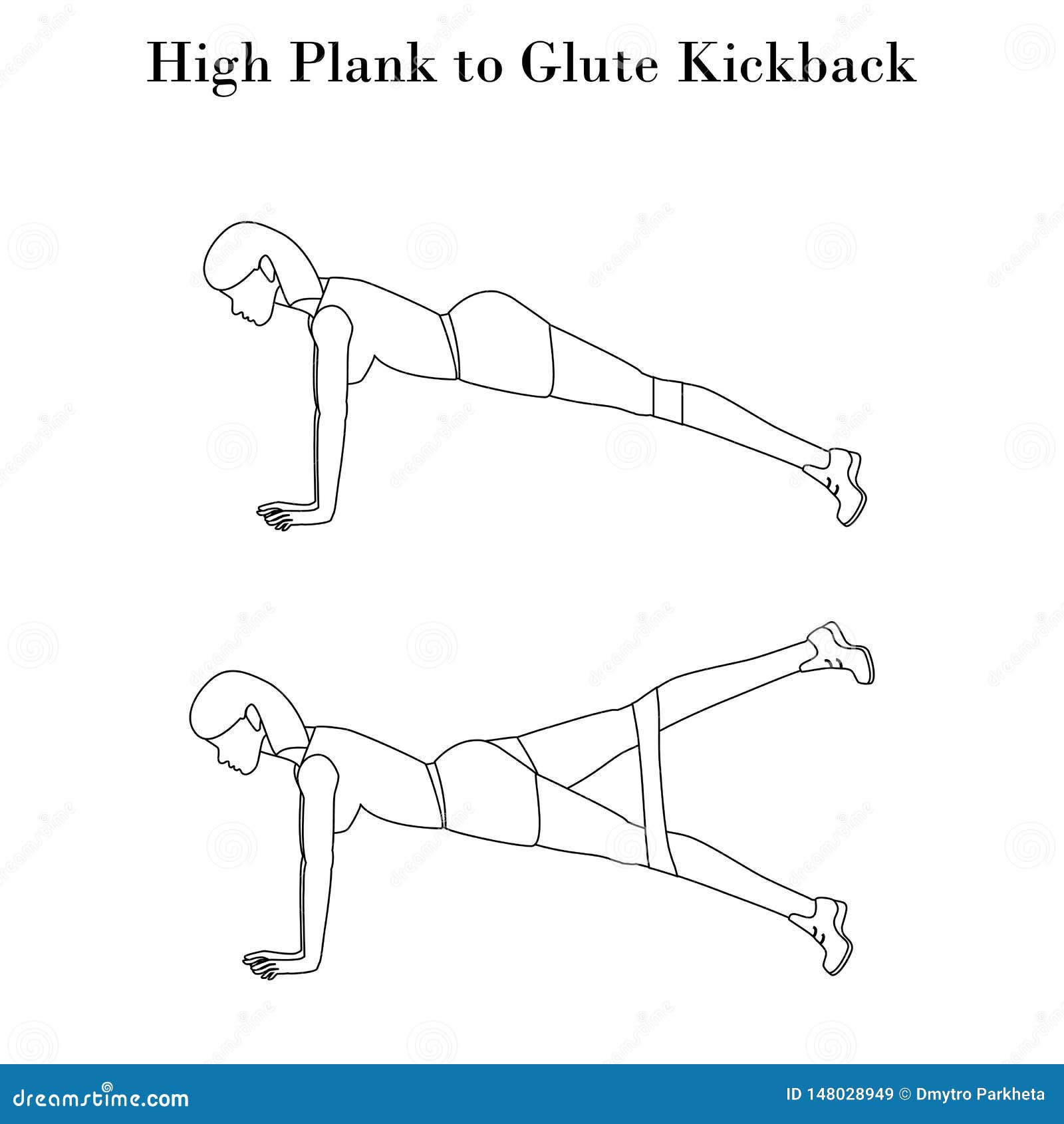 High Plank To Glute Kickback Exercise Outline Stock Vector ...