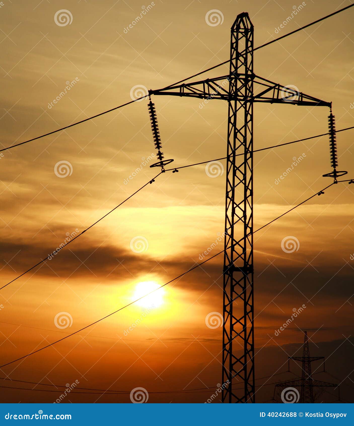 High Power Electric Line Towers at Dramatic Sunset Stock Photo - Image ...