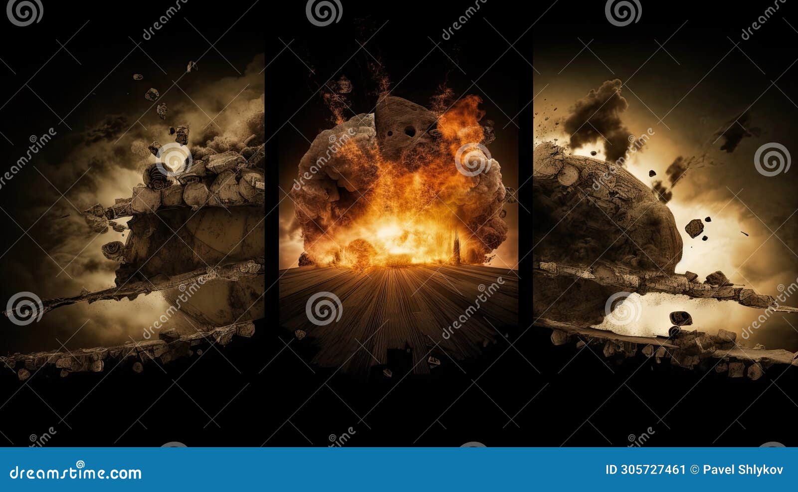 High Power Explosion of Different Types of Charge, Collage. Stock Image ...