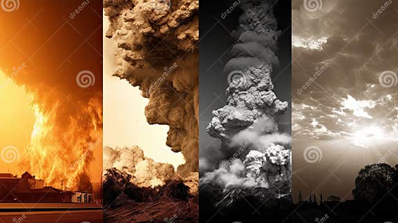 High Power Explosion of Different Types of Charge, Collage. Stock Photo ...