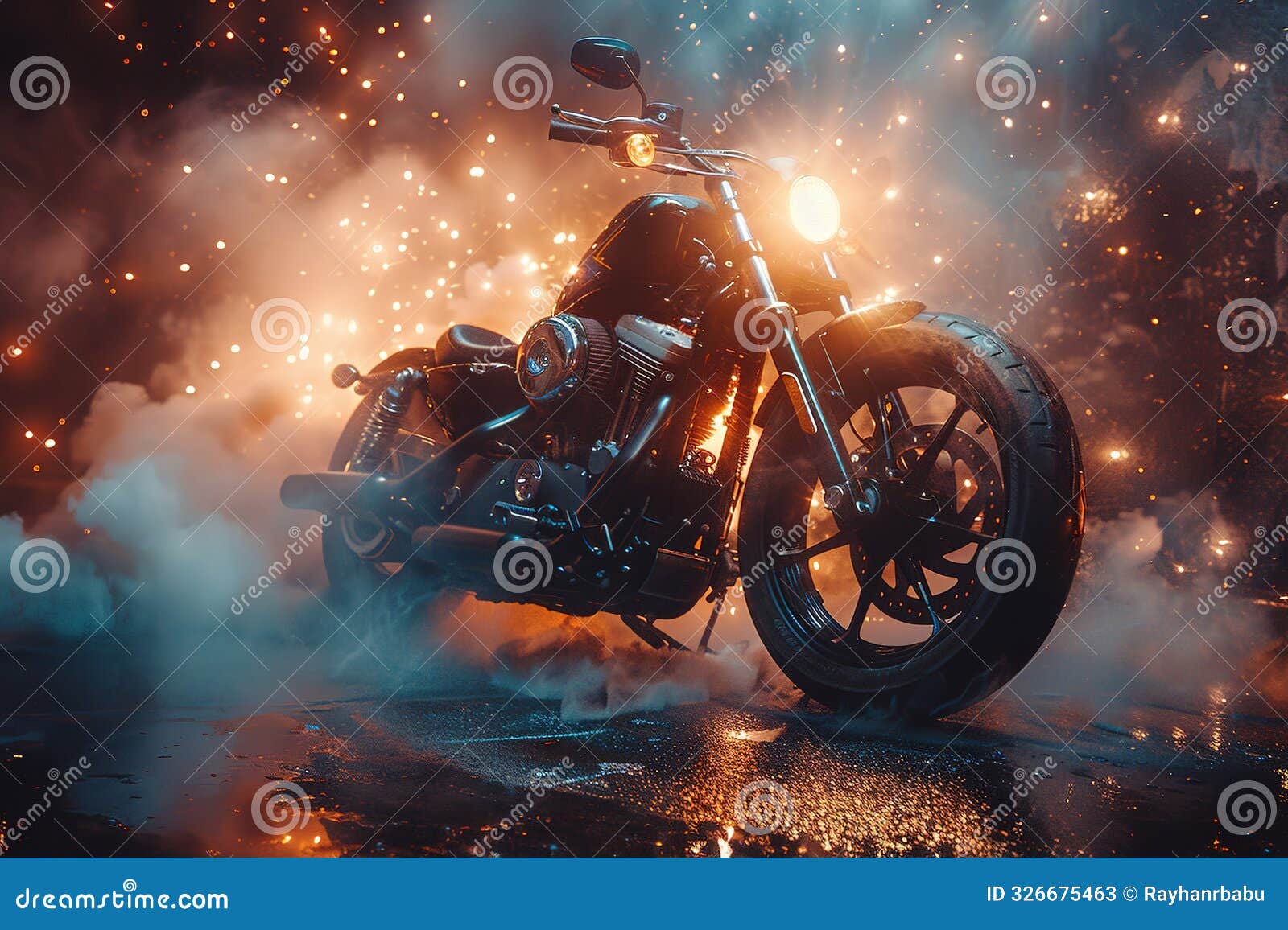 High Power Motorcycle Chopper at Night. Smoke on Background Copy Space ...