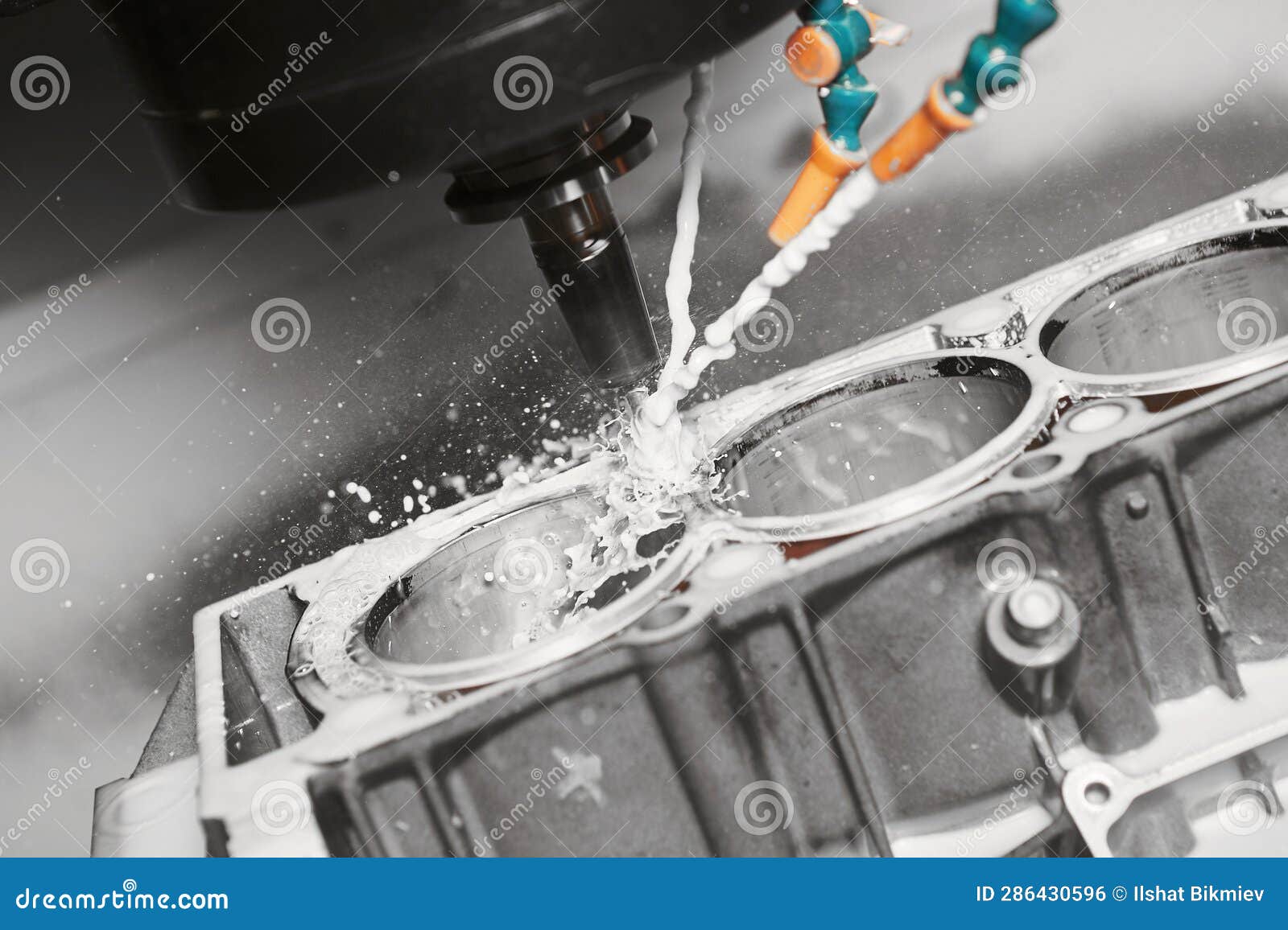 High Precision Cnc Milling Machine Makes Holes in the Car Engine. Stock ...