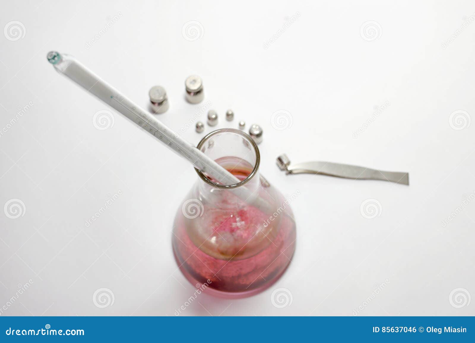 High Precision Thermometer Lowered Into Laboratory Flask With P Stock