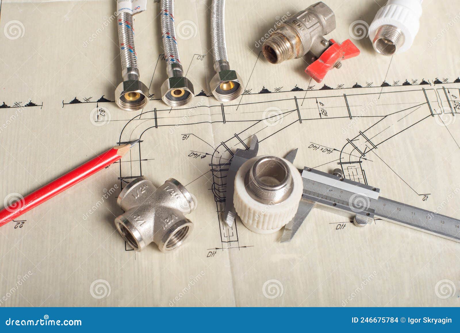 High Pressure Pipes, Fittings and Caliper on the Blueprint in the ...