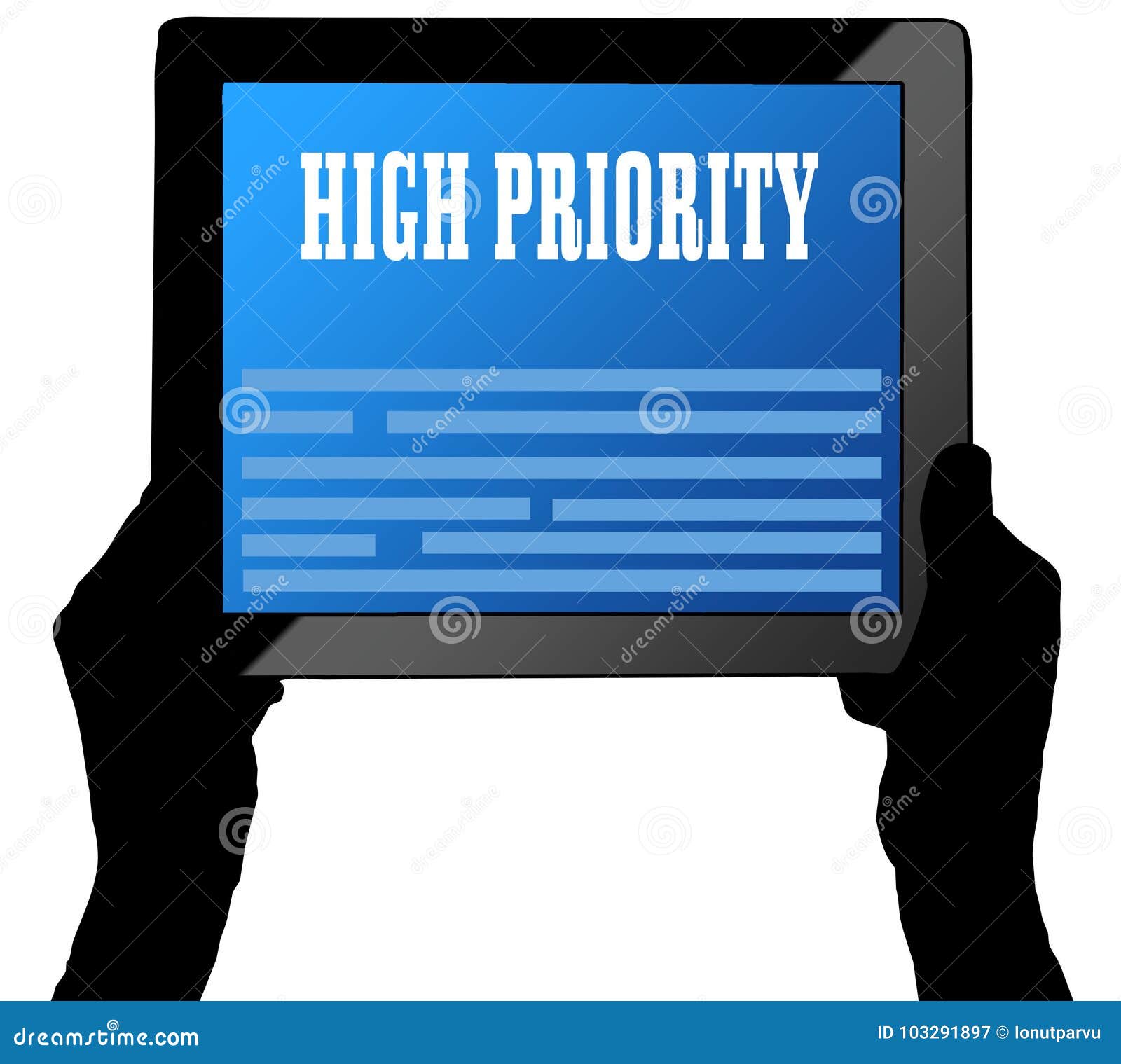 HIGH PRIORITY on Tablet Screen, Held by Two Hands. Stock Illustration ...
