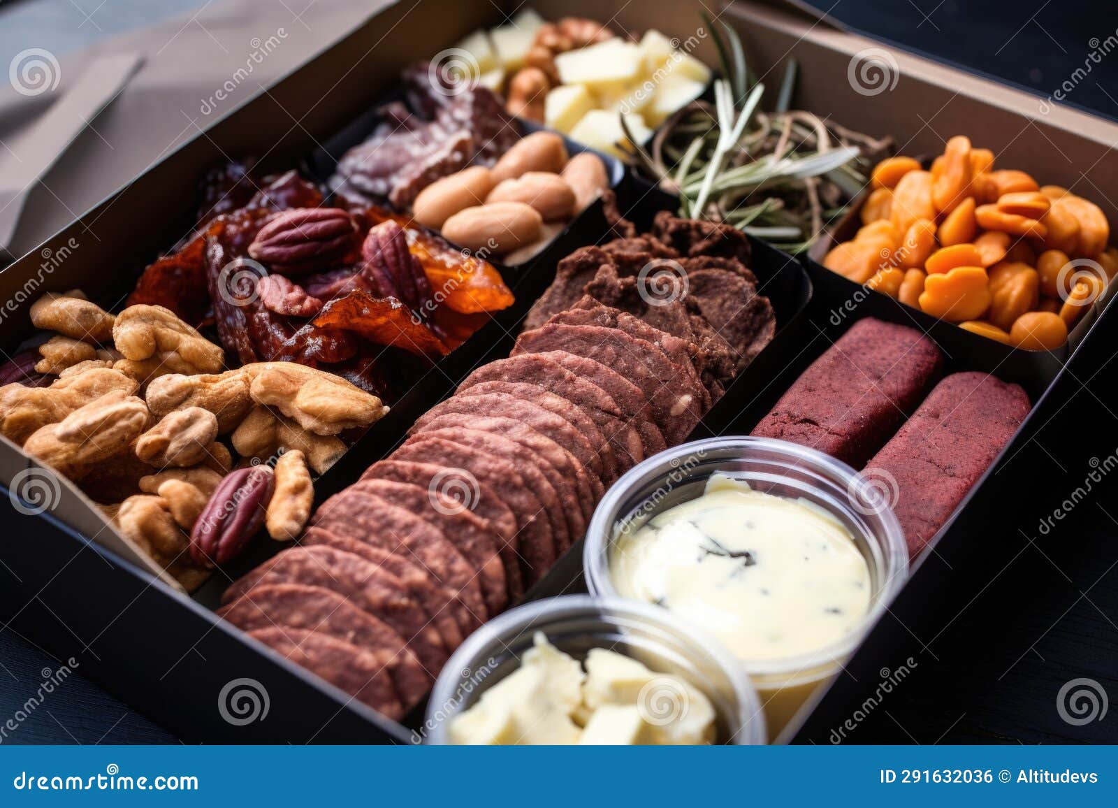 High Protein Snack Box Filled with Jerky, Cheese and Nuts Stock Photo ...