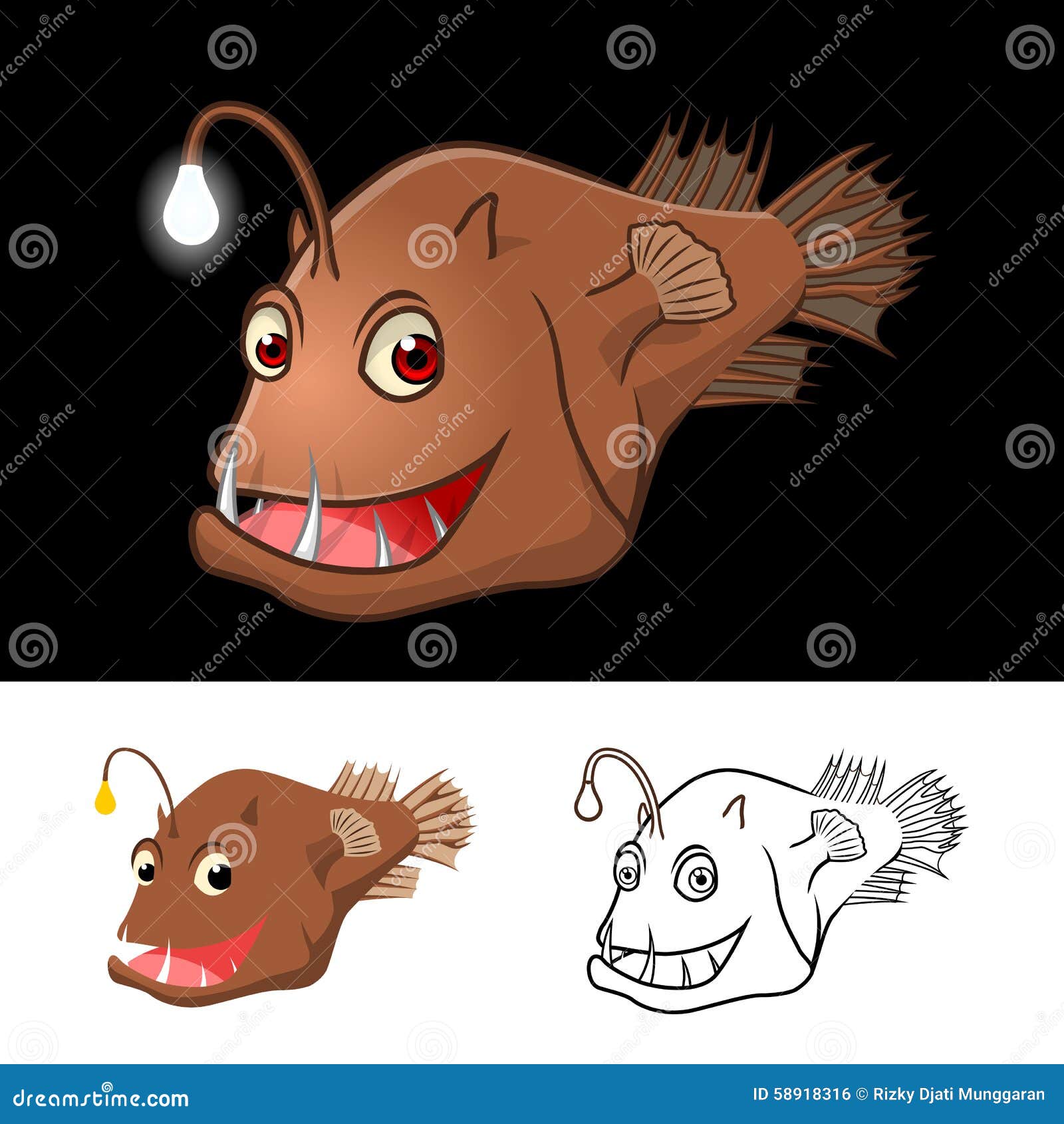 High Quality Anglerfish Cartoon Character Include Flat Design and Line ...