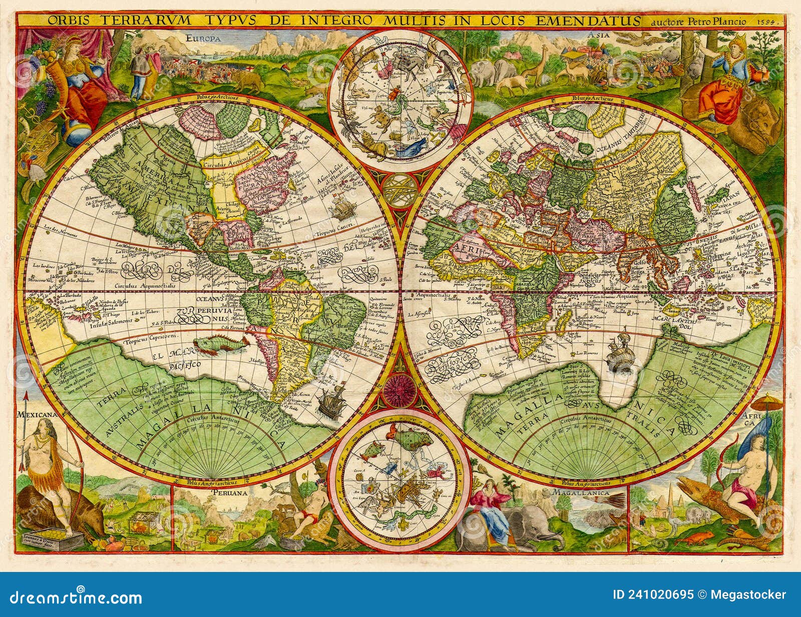 High Quality Antique World Map - Petro Plancio 1594 Stock Image - Image ...