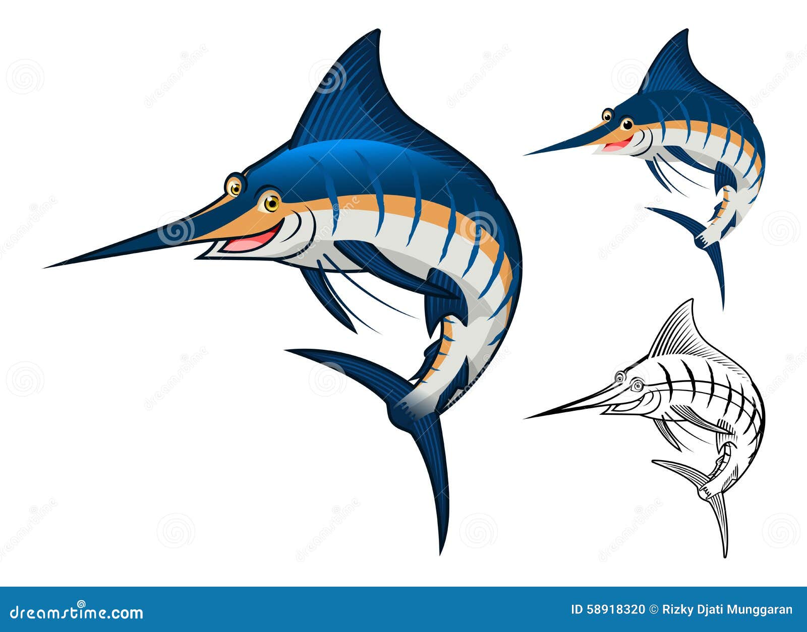 High Quality Blue Marlin Cartoon Character Include Flat Design and Line ...