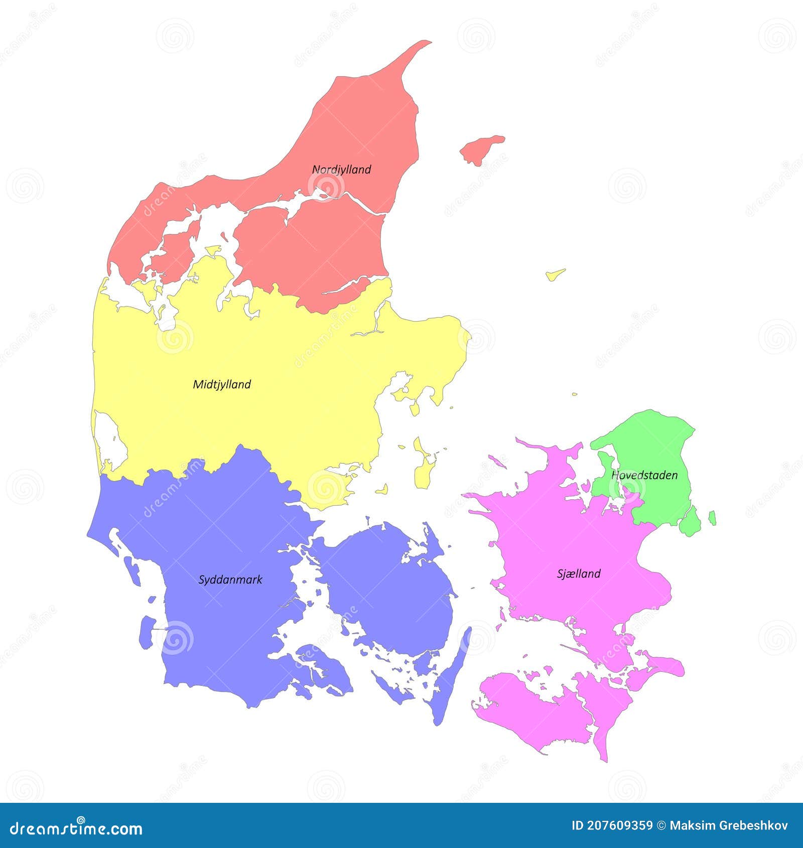 High Quality Labeled Map of Denmark with Borders of the Regions Stock ...