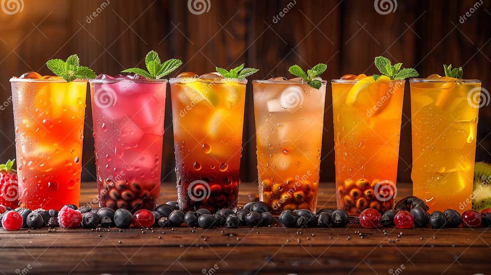 An Array of Colorful Bubble Tea Drinks with Tapioca Pearls, Showcasing ...