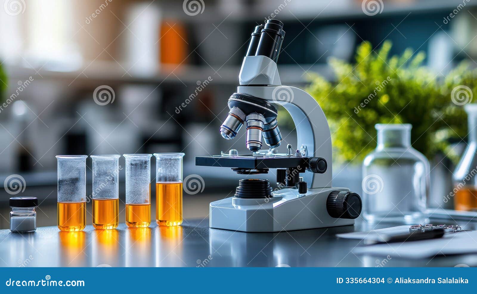 Science Lab Equipment Like Microscope and Test Tubes on a Table ...