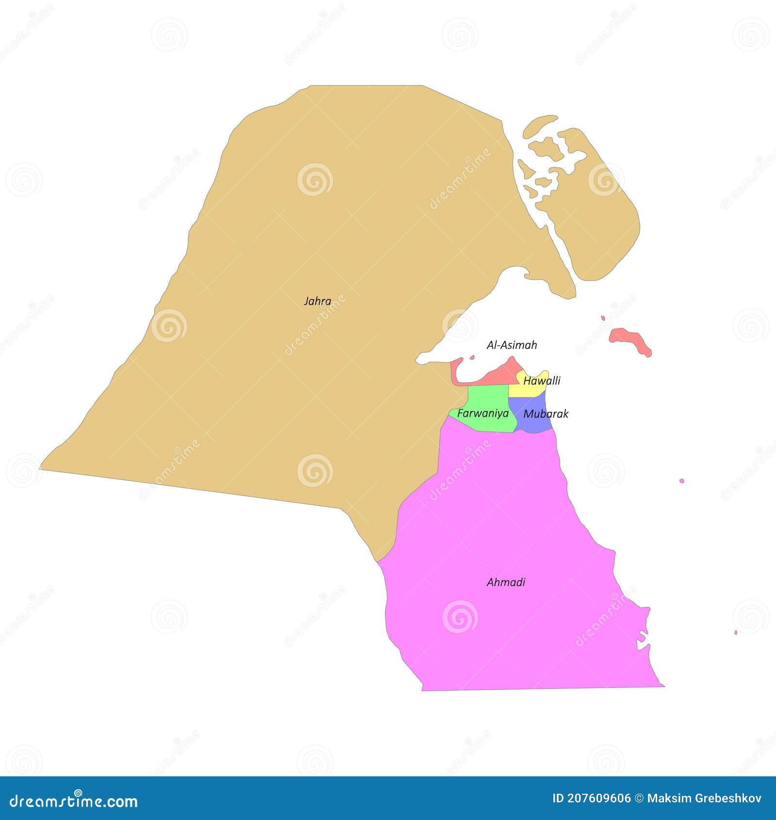 High Quality Labeled Map of with Kuwait Borders of the Regions Stock ...