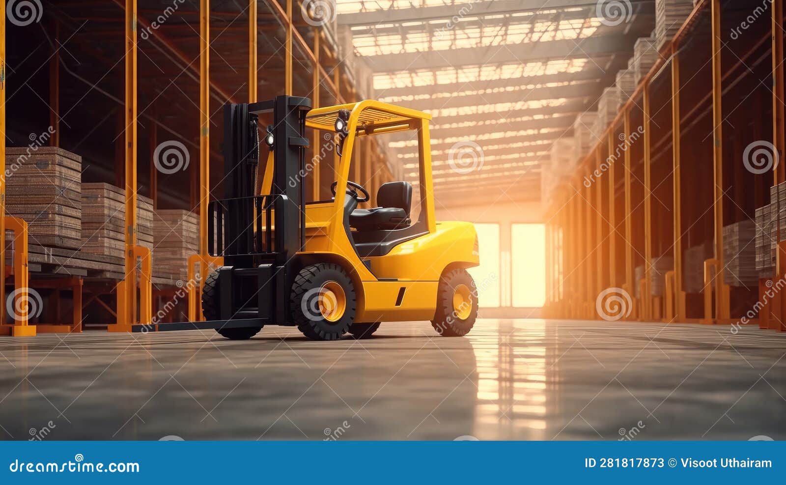 High Rack Stacker Forklift in Warehouse Row in Huge Distribution ...