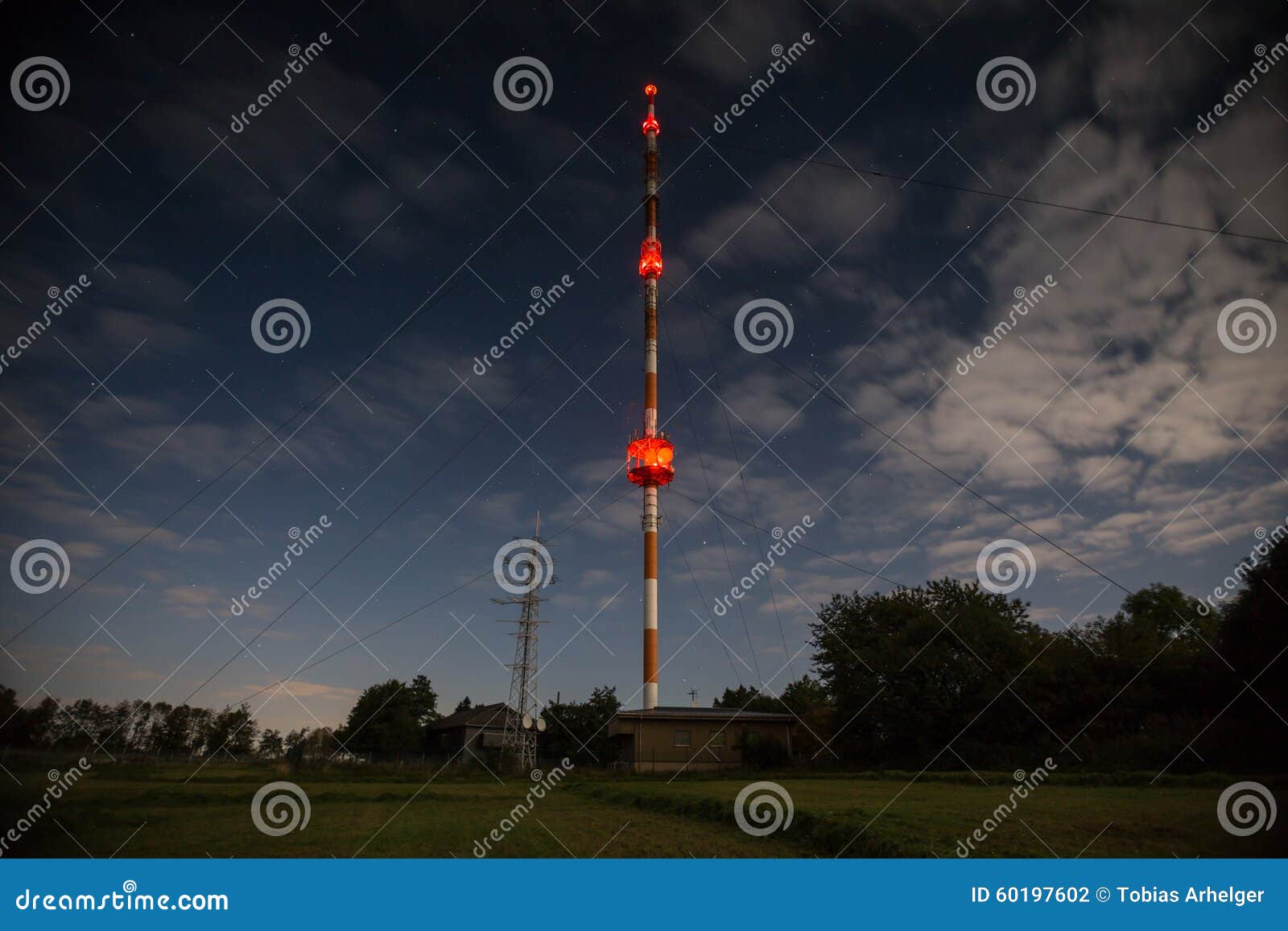 High radio tower at night stock photo. Image of forest - 60197602